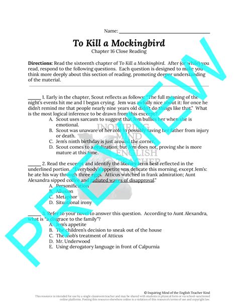 To Kill A Mockingbird Chapter 16 Close Reading Worksheet Teaching