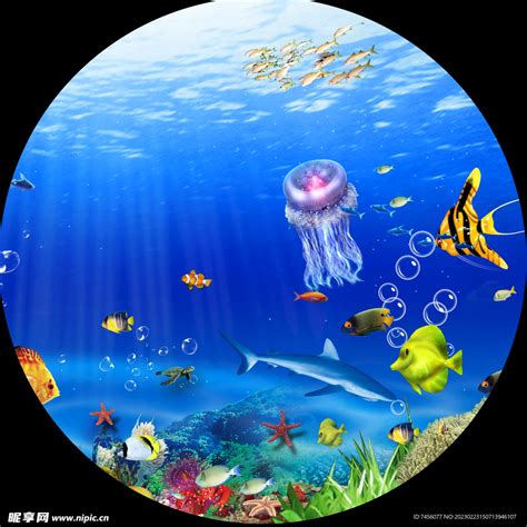 水母海底世界游鱼圆形挂画装饰画设计图psd分层素材psd分层素材设计图库昵图网