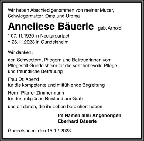 Traueranzeigen Von Anneliese Bäuerle Trauerundgedenkende
