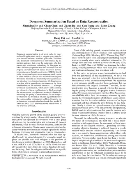 Document Summarization Based On Data Reconstruction