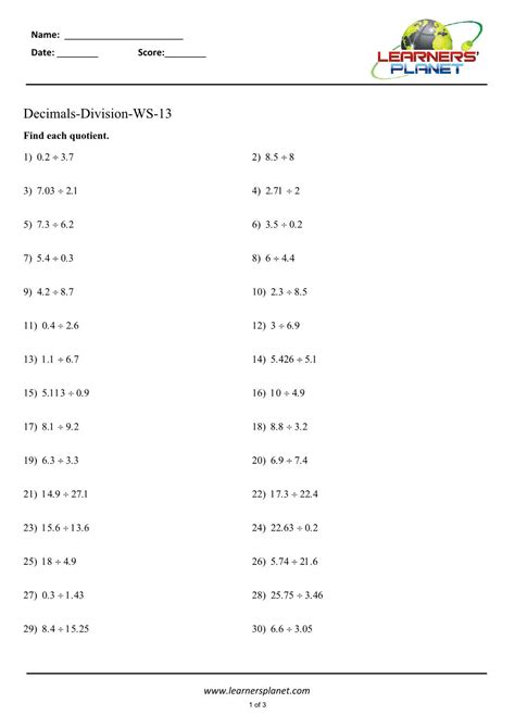 Decimals Division Workbook 1