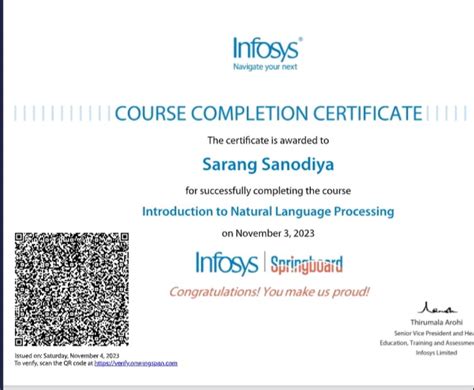 i found my first certificate of infosys springboard sarang sanodiya