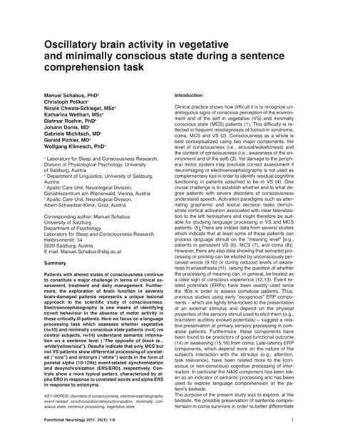 Pdf Oscillatory Brain Activity In Vegetative And Minimally Conscious State During A Sentence