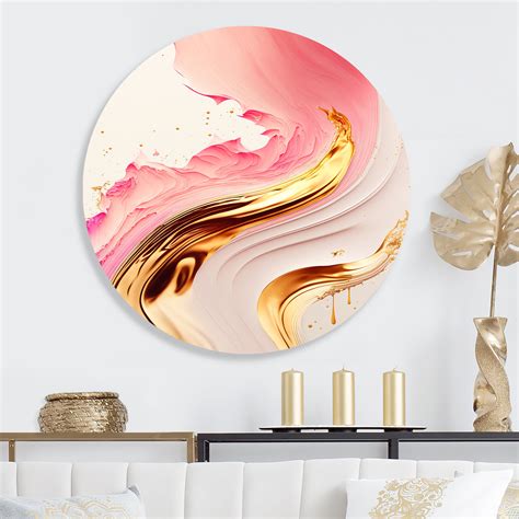 Mercer41 Bold Pink And Gold Flow Art Iii Abstract Spirals Round Wall
