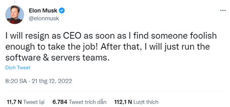 Elon Musk Tuyên Bố Sẽ Từ Chức Ceo Twitter
