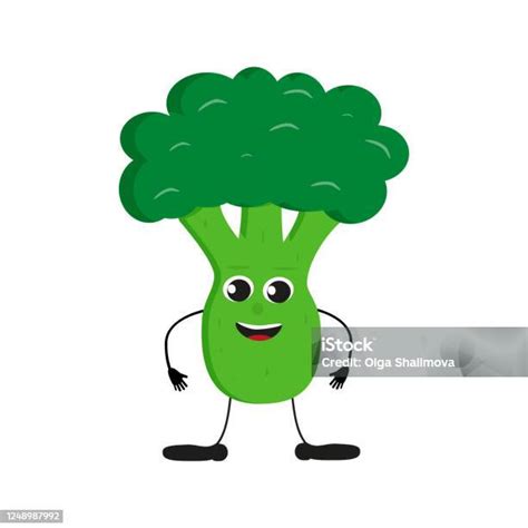 귀여운 행복 그린 브로콜리 문자 흰색 배경에 격리된 벡터 플랫 일러스트레이션입니다 낙서 캐릭터 만화 녹색 브로콜리 비건 벡터 아이콘입니다 채식 음식 건강한 생활방식에 대한