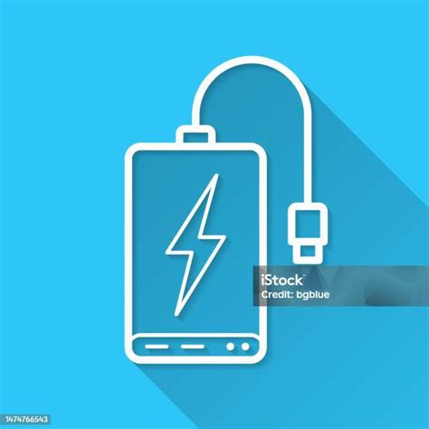 파워 뱅크 파란색 배경에 아이콘 긴 그림자가 있는 평면 디자인 3차원 형태에 대한 스톡 벡터 아트 및 기타 이미지 3차원 형태 Usb 케이블 개념 Istock