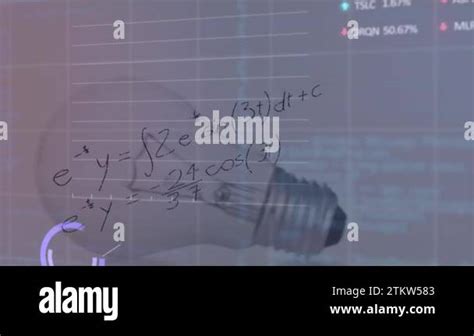 Animation Of Graphs Trading Board Mathematical Equation And Diagrams Over Light Bulb Digital