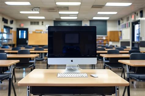 High School Computer Classroom Setup With Monitors And Desks Premium
