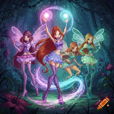 Four Vibrant Winx Club Style Fairies With Wings Cast Colorful Magic In