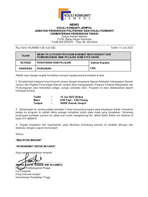 Memo Pelepasan Program Khidmat Masyarakat Dan Pembangunan Jiwa Pelajar