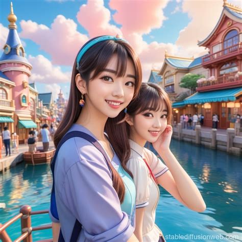 Young Asian Couples Selfie In Tokyo Disneysea Stable Diffusion Online