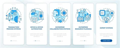 Variety Of Information Systems Blue Onboarding Mobile App Screen Walkthrough 5 Steps Graphic