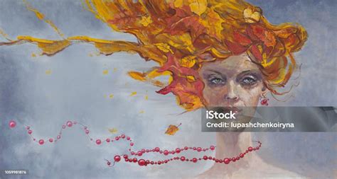 마가 목에서 그녀의 머리와 구슬 잎 여자의 유행 그림 원래 작가 예술 작품 유화가 초상화 자유에 대한 스톡 벡터 아트 및 기타 이미지 자유 향수 미용 위생 제품 가을