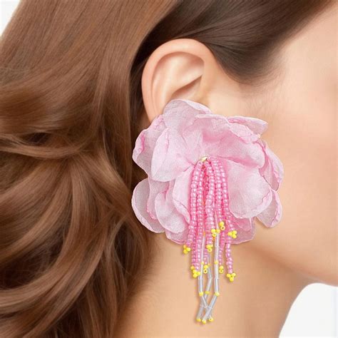 Drop Pink Fabric Flower Bead Earrings For Women Beaded Flowers