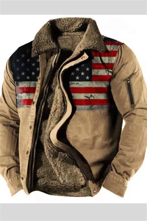 Mens Vintage American Flag Print Sherpa Lined Zipper Tactical Shirt Jacket