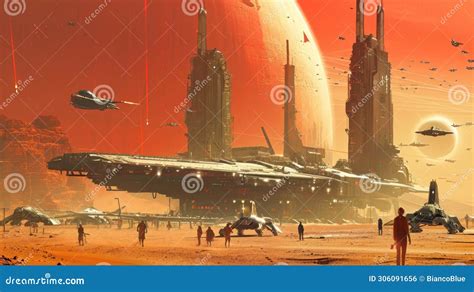 Futuristic Mars Spaceport With Starships Resplendent Stock