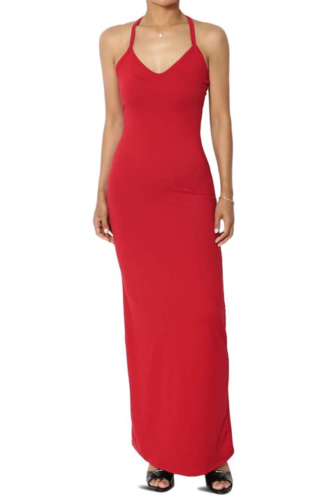 Womens Spaghetti Strap Racerback V Neck Stretch Silky Knit Maxi Sun