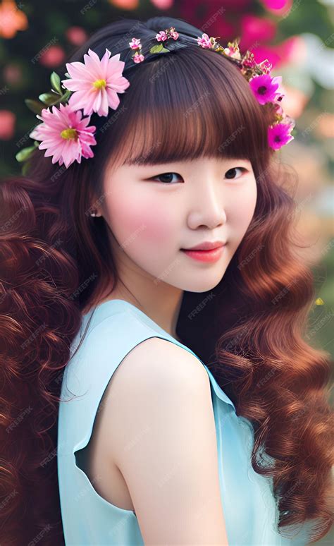 Premium Ai Image A Girl In A Blue Dress With Flowers On Her Head