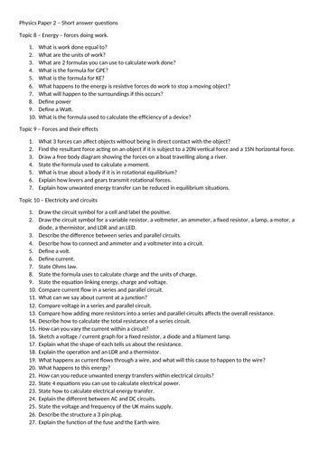 Gcse Physics Paper 2 Short Answer Revision Questions X114 Edexcel