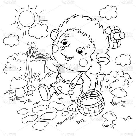 涂色页大纲的卡通小刺猬与篮子为蘑菇在森林。儿童涂色本。图片 儿童图片素材 花瓣网