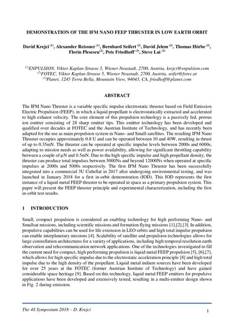 Pdf Demonstration Of The Ifm Nano Feep Thruster In Low Earth Orbit