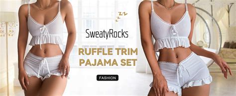 Sweatyrocks Womens 2 Piece Lingerie Set Ruffle Trim Tie Front Cami Top