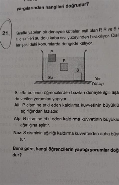 21 Sınıfta yapılan bir deneyde kütleleri eşit olan P R ve S ti
