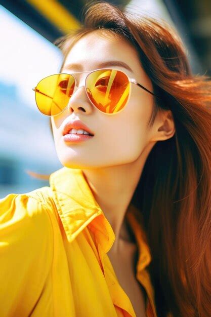 A Woman Wearing Yellow Sunglasses And A Yellow Shirt Premium Ai
