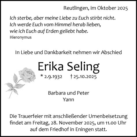 Traueranzeigen Von Erika Seling Trauer Gea De
