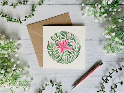 Lily Greeting Card Pink Lilies Floral Illustrated Watercolour