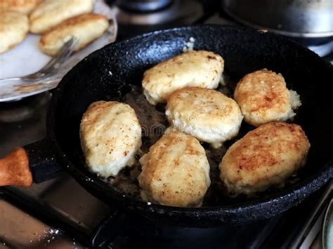 Cutlet From Minced Meat Is Cooking In Frying Pan Meat And Buckwheat