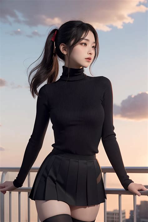 Araffe Asian Woman In A Black Top And Skirt Posing On A Balcony Seaart Ai