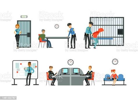용의자 심문 및 체포된 범죄 벡터 세트와 함께 부서에서 일하는 남자와 여자 경찰관 Criminal Investigation에 대한 스톡 벡터 아트 및 기타 이미지