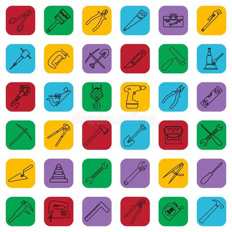 Construction Tools Outline Icons Set On A Color Square Vector Industrial Signs Collection