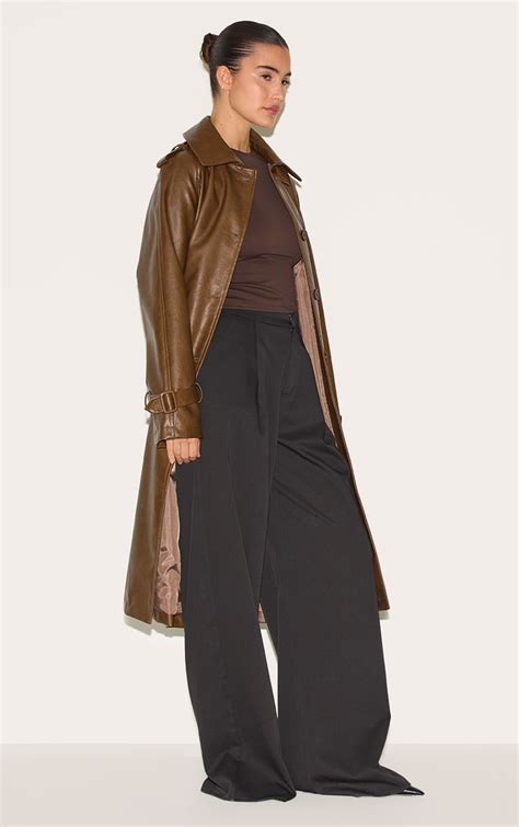 Chocolate Mid Length Faux Leather Trench Coat Outerwear Plt Ksa