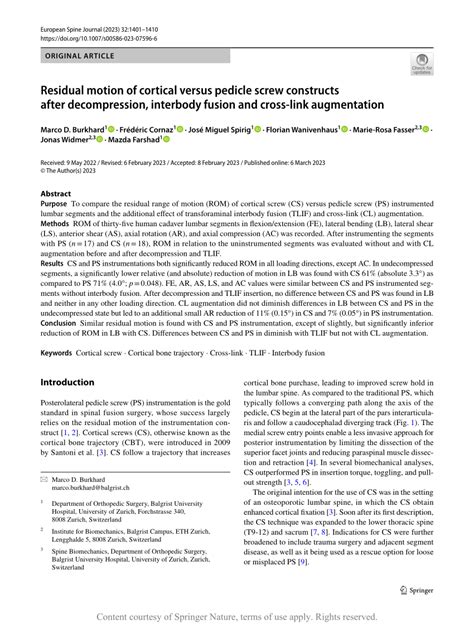 Pdf Residual Motion Of Cortical Versus Pedicle Screw Constructs After