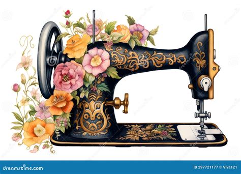 Vintage Ornate Sewing Machine Decorated With Flowers Stock Illustration