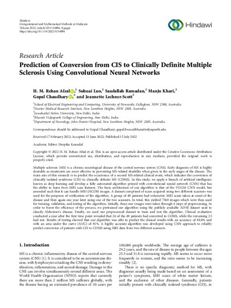 Pdf Prediction Of Conversion From Cis To Clinically Definite Multiple Sclerosis Using
