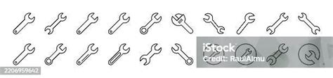 렌치의 라인 아이콘 세트입니다 편집 가능한 스트로크 카드 앱 배너 게시물 디자인을 위한 미니멀한 선형 그림 건설 산업에 대한 스톡 벡터 아트 및 기타 이미지 Istock