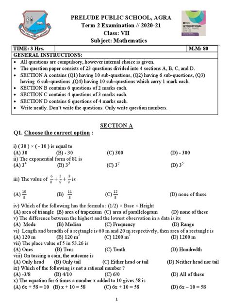 Qp Vii 2020 21 Maths Term 2 Pdf Area Elementary Mathematics