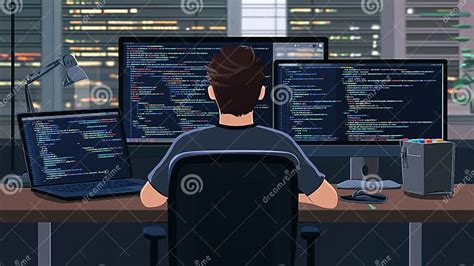 person coding at a desk surrounded by multiple monitors in a modern