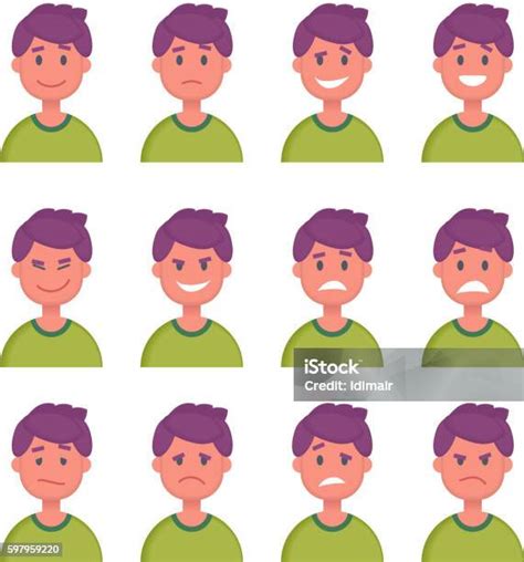 Set Karakter Kartun Wajah Dengan Emosi Yang Berbeda Vektor Ilustrasi