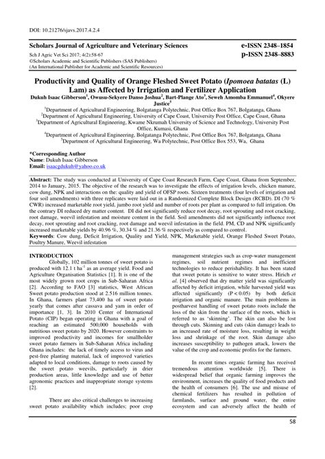 Pdf P Issn 23488883 Productivity And Quality Of Orange Fleshed Sweet Potato Ipomoea Batatas