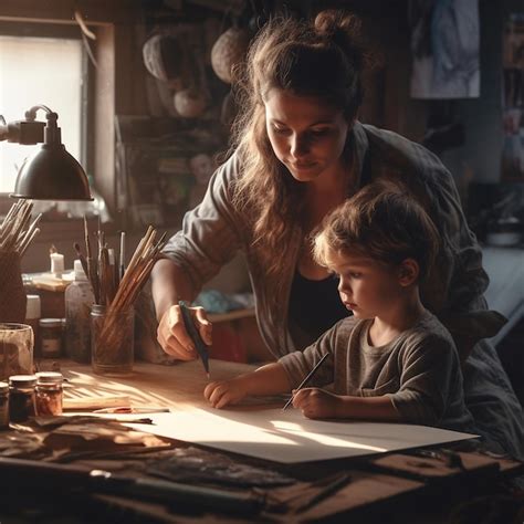 Premium Ai Image A Mother And Son Drawing In A Dark Room