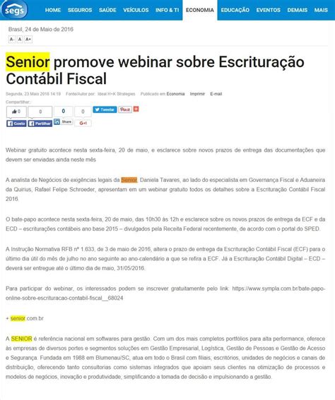 Segs Senior Promove Webinar Sobre Escrituração Contábil Fiscal