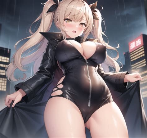 Rule 34 Blonde Hair Blush Cameltoe Cityscape Cloak Holding Cape