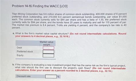 Solved Problem Finding The Wacc Lo Titan Mining Chegg