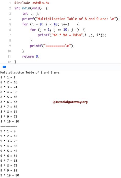 C Program To Print Multiplication Table