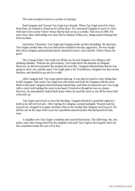 Why Did Vincent Van Gogh Cut Off Hi English Esl Worksheets Pdf And Doc